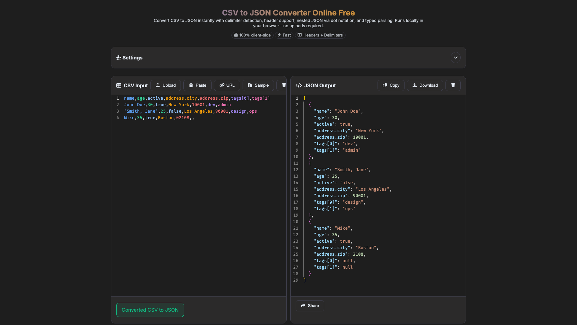 CSV to JSON Converter Online Free – Convert CSV to JSON Instantly
